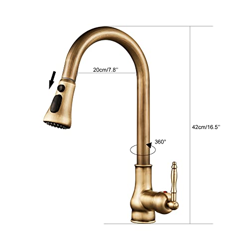 Vintage Brass Antique Bronze Kitchen Faucet Single Hole Copper Mixer Taps with Pull Down Sprayer (Stream,Spray,Powerful aquablade) (3 Functions Sprayer)