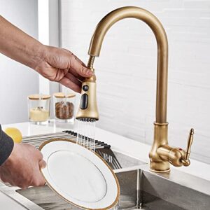 Vintage Brass Antique Bronze Kitchen Faucet Single Hole Copper Mixer Taps with Pull Down Sprayer (Stream,Spray,Powerful aquablade) (3 Functions Sprayer)