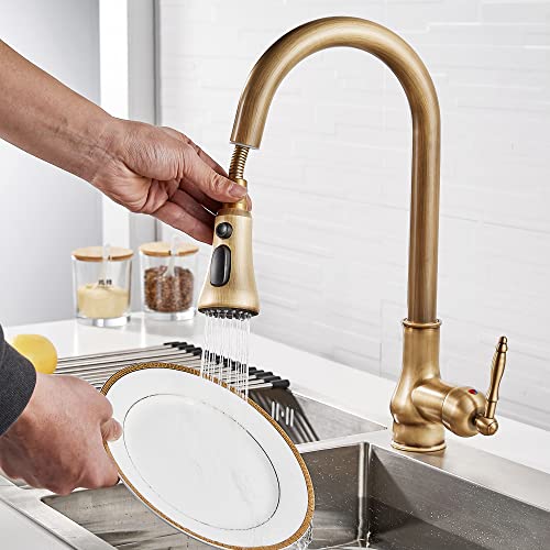 Vintage Brass Antique Bronze Kitchen Faucet Single Hole Copper Mixer Taps with Pull Down Sprayer (Stream,Spray,Powerful aquablade) (3 Functions Sprayer)