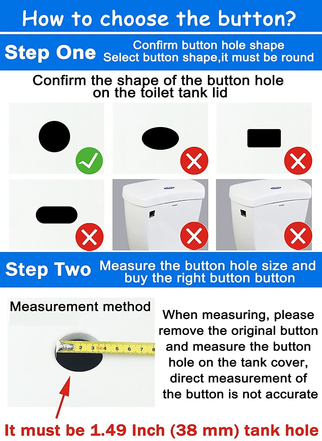 Toilet Tank Button Dual Push Flushing Toilet Button Replacement Toilet Flush Button with Thread 38mm / 1.49Inch Round (Pack of 2)