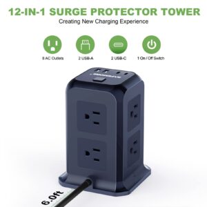 USB-C Power Strip Tower, SAFEMORE, Surge Protector 8 Outlets 4 USB Ports (4.8A), Fast Charging Station with 6.5ft Flat Plug Extension Cord for Indoor Home Office - Blue