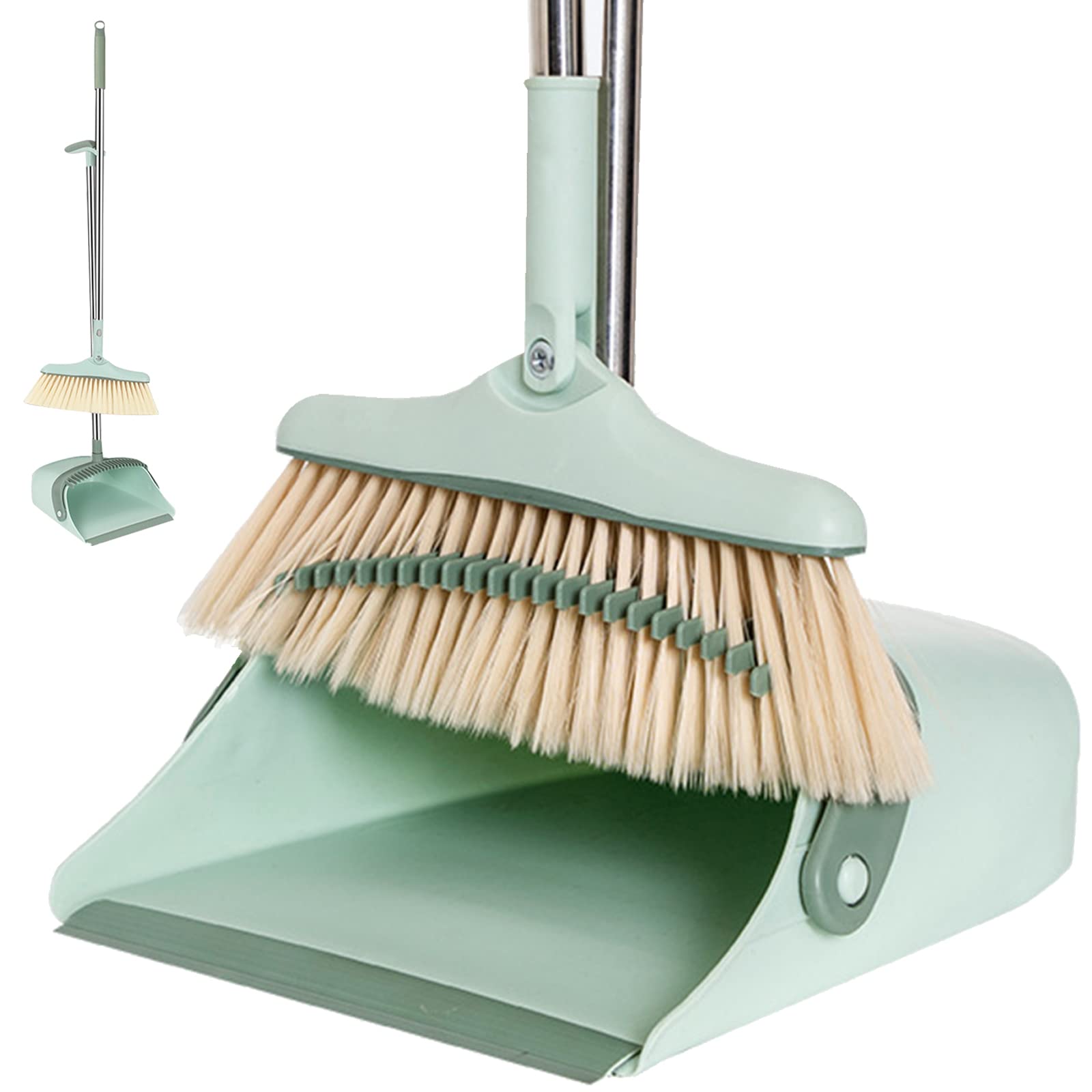 Broom and Dustpan Set/Broom and Dust Pan with Long Handle for Home, Rotating Broom Set, Broom and Upright Standing Dustpan with Comb Teeth Combo Set for Room Kitchen Office Lobby Indoor Floor Sweeping