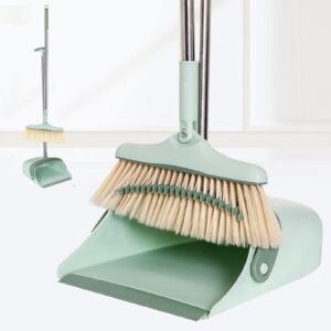 Broom and Dustpan Set/Broom and Dust Pan with Long Handle for Home, Rotating Broom Set, Broom and Upright Standing Dustpan with Comb Teeth Combo Set for Room Kitchen Office Lobby Indoor Floor Sweeping