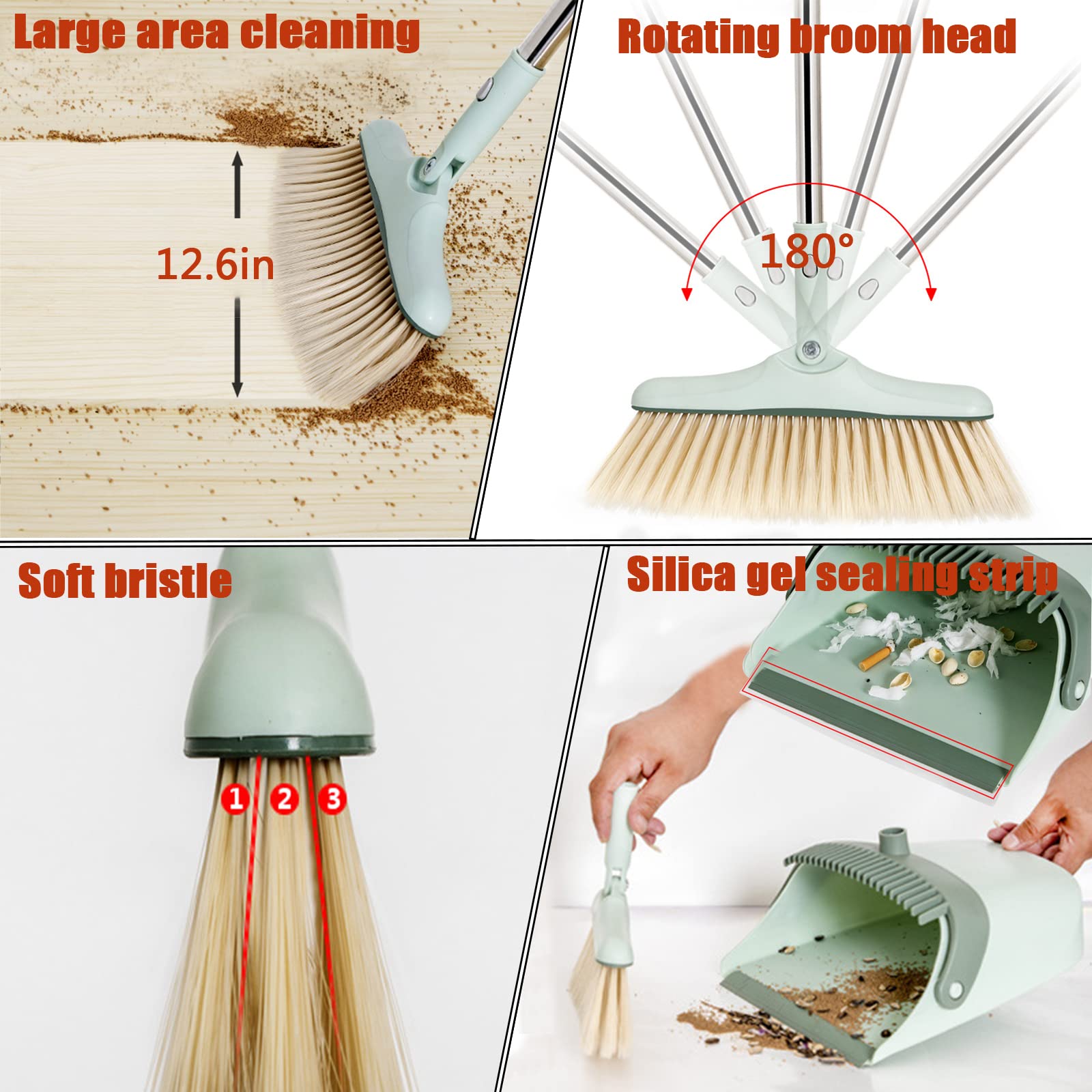 Broom and Dustpan Set/Broom and Dust Pan with Long Handle for Home, Rotating Broom Set, Broom and Upright Standing Dustpan with Comb Teeth Combo Set for Room Kitchen Office Lobby Indoor Floor Sweeping