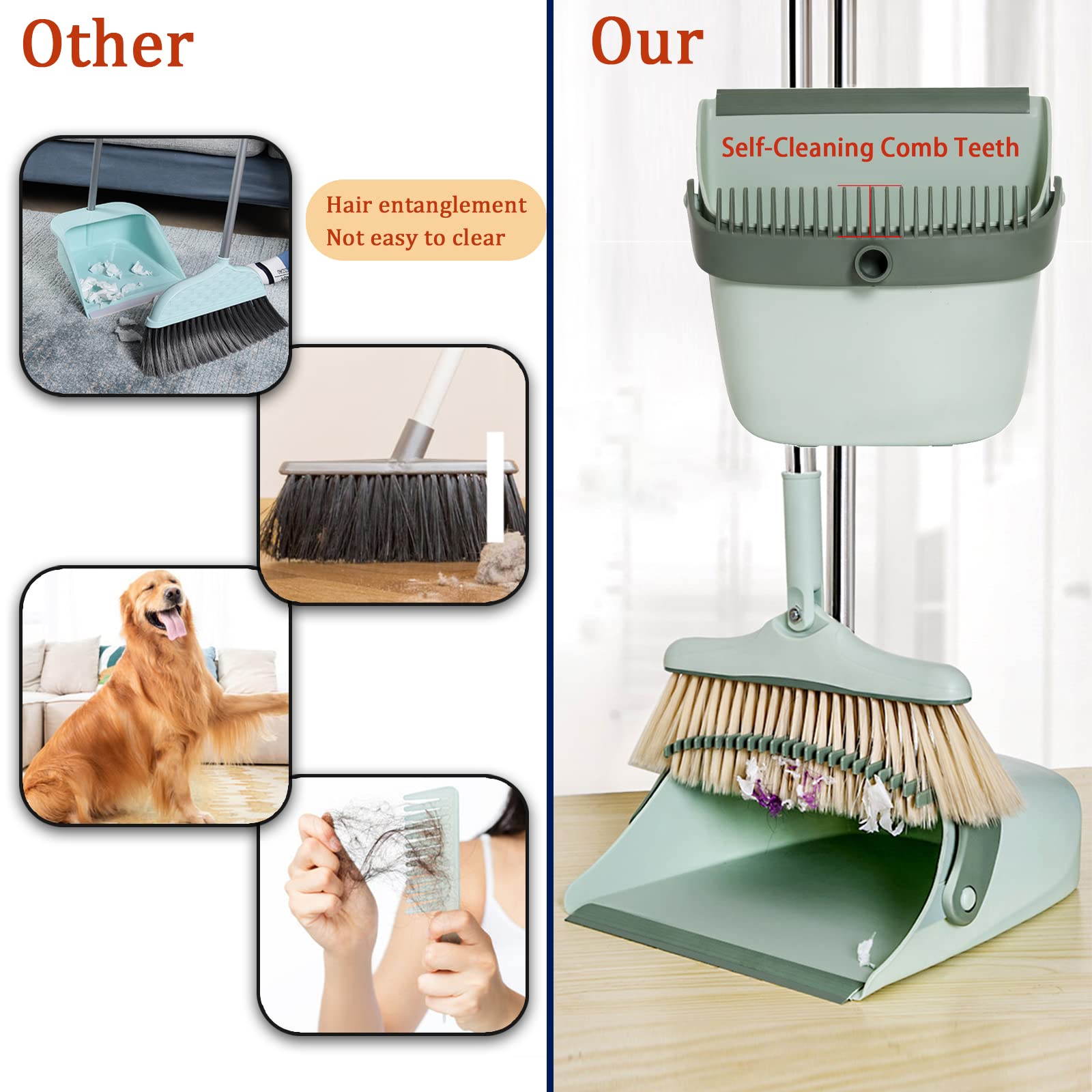 Broom and Dustpan Set/Broom and Dust Pan with Long Handle for Home, Rotating Broom Set, Broom and Upright Standing Dustpan with Comb Teeth Combo Set for Room Kitchen Office Lobby Indoor Floor Sweeping