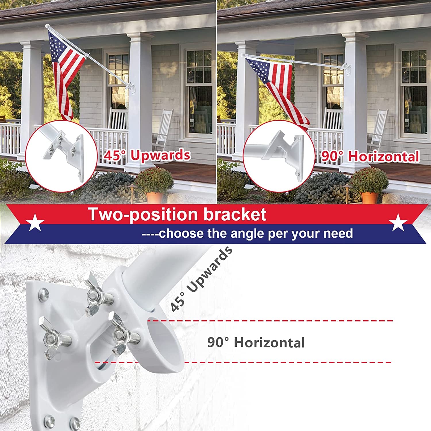 cogardenshower White Flag Pole for House - Tangle Free Outdoor Flag Pole Kit with Holder Bracket,5ft Stainless Steel Metal Flagpoles Residential Heavy Duty for Outside House,Porch,Yard,Truck,Boat