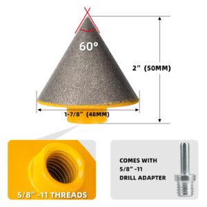 Diamond Beveling Chamfer Bits Diamond Countersink Drill Bit for Existing Holes Enlarging Shaping Trimming in Tile Marble Glass Granite Ceramic 1-7/8"(48mm) Dia with 5/8-11" Thread Adapter