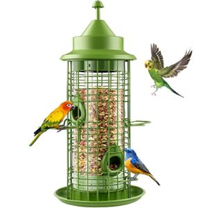 decflow bird feeder, wild metal bird feeders for outside with 4 feeding ports, not 100% squirrel proof hanging birds feeders and garden decoration yard for bird watchers, 3.4-pound seed capacity.