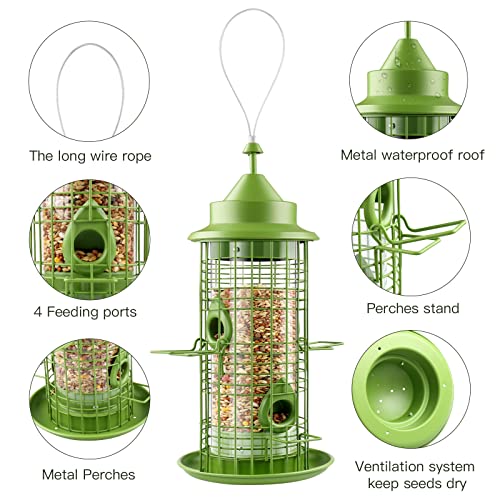 Decflow Bird Feeder, Wild Metal Bird Feeders for Outside with 4 Feeding Ports, Not 100% Squirrel Proof Hanging Birds Feeders and Garden Decoration Yard for Bird Watchers, 3.4-Pound Seed Capacity.