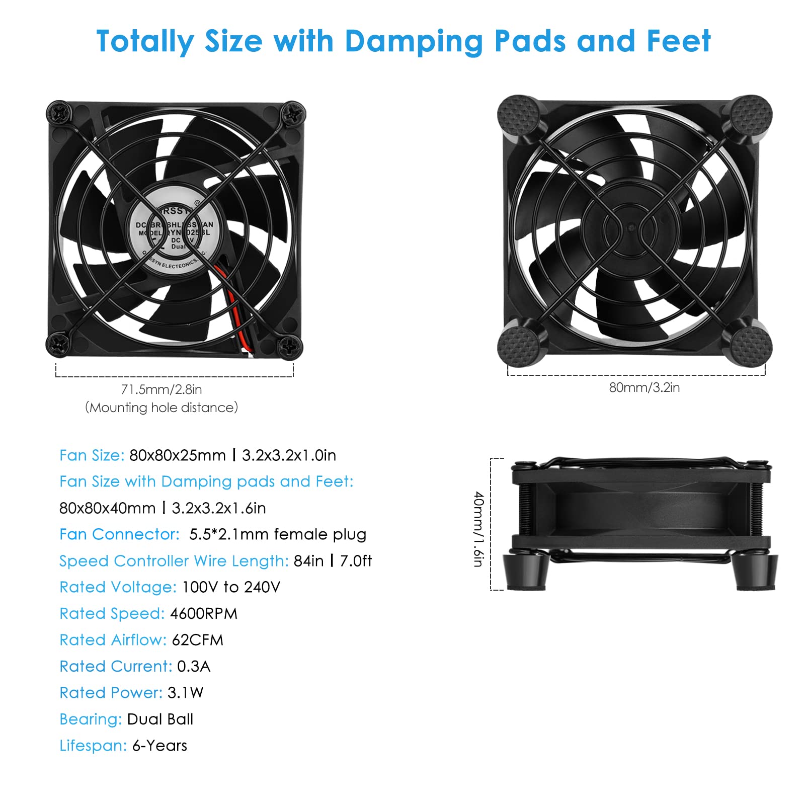 Qirssyn 80mm x 25mm Computer Fan with AC Plug 100V - 240V Variable Speed Fan for Receiver Xbox DVR Playstation Component Cooling