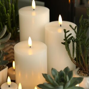 Girimax White Flat Top Flameless Pillar Candles with Remote, Real Wax Flickering LED Battery Operated Candles Φ 3" H 4" 5" 6"