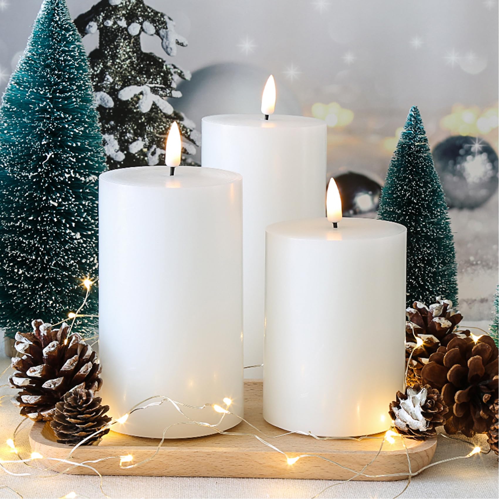 Girimax White Flat Top Flameless Pillar Candles with Remote, Real Wax Flickering LED Battery Operated Candles Φ 3" H 4" 5" 6"