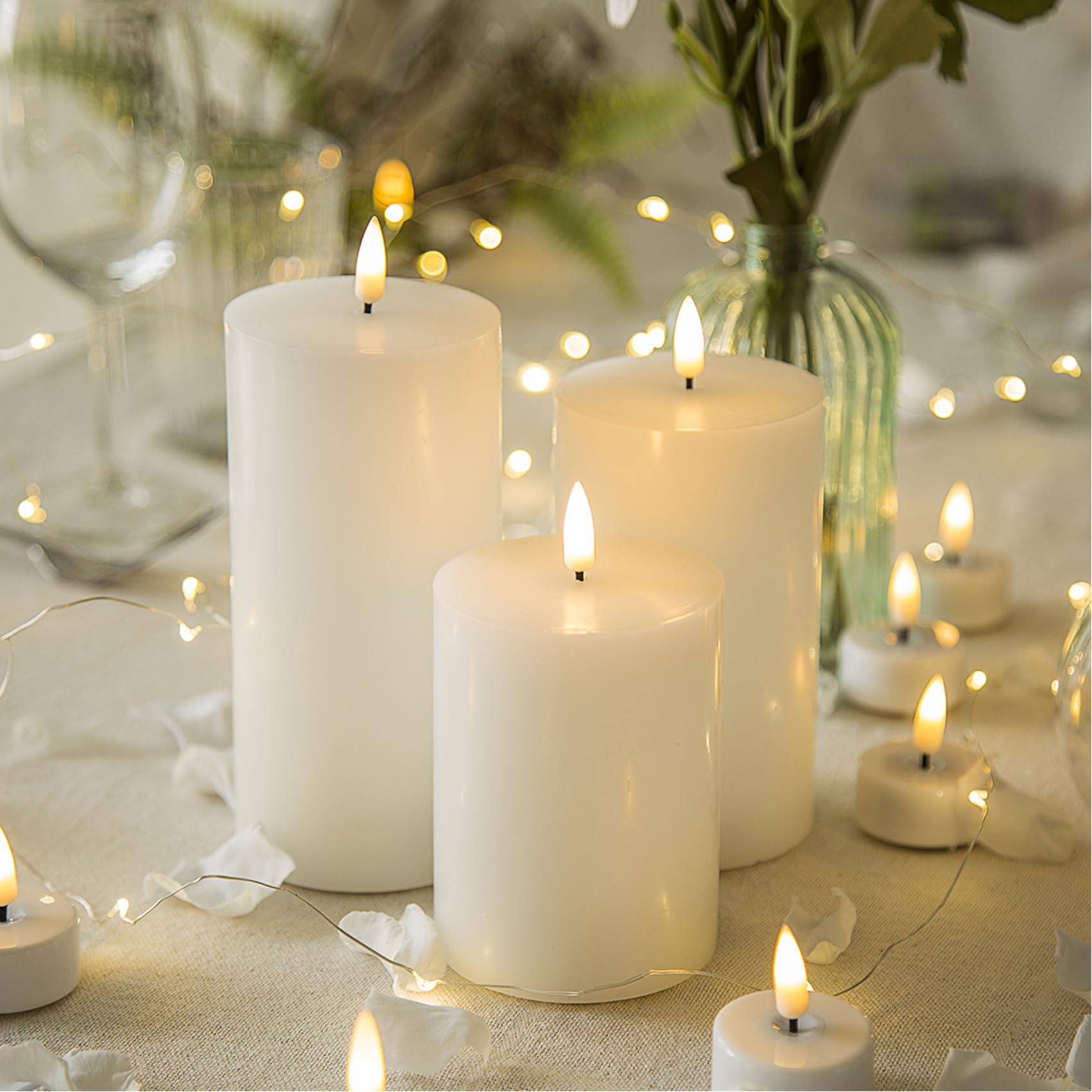 Girimax White Flat Top Flameless Pillar Candles with Remote, Real Wax Flickering LED Battery Operated Candles Φ 3" H 4" 5" 6"