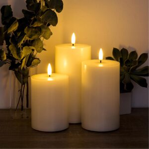 Girimax White Flat Top Flameless Pillar Candles with Remote, Real Wax Flickering LED Battery Operated Candles Φ 3" H 4" 5" 6"