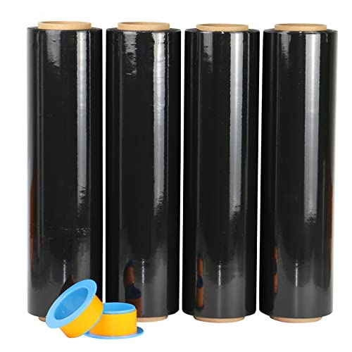 BOMEI PACK Black Stretch Wrap Industrial Strength with Plastic Handle 18" x 1000 Feet 80 Gauge 4 Pack, Black Shrink Wrap, Self-Adhering Black Plastic Wrap for Shipping, Moving