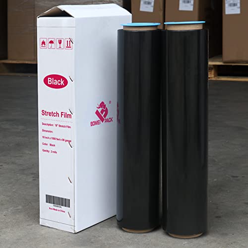 BOMEI PACK Black Shrink Wrap, Industrial Strength with Plastic Handle 18" x 1000 Feet 80 Gauge 2 Pack, Black Plastic Wrap Heavy Duty Self-Adhering for Packing, Moving, Shipping