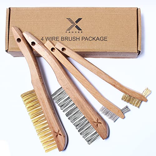 FAHXEE Wire Brush, Pack of 4 - 9.5 in. Stainless Steel & 8 in. Brass Beachwood Handle - Multipurpose Wire Brushes for Cleaning Rust, Dirt & Paint Scrubbing