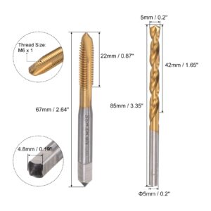 uxcell M6 x 1 Spiral Point Thread Tap and 5.0mm Twist Drill Bit Set, Metric Titanium Plated 6542 High Speed Steel Machine Screw Thread Tap Threading Tool