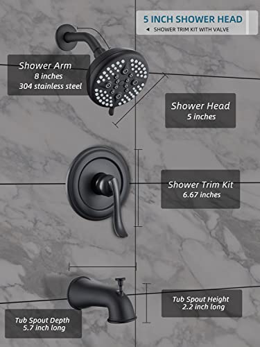 Shower System with Tub Spout, Bathroom Rain Mixer Shower Combo Set, Single Handle Shower Faucet with Valve Matte Black