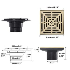 DEOKXZ 4-1/4 Inch Brushed Gold Shower Drain Square, Base with Adjustable Drain Flange Kit PVC, Removable Grille Strainer Drain Cover with Screws, SUS304 Stainless Steel Brass Face