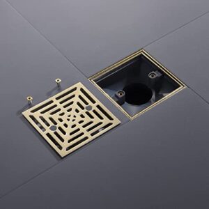 DEOKXZ 4-1/4 Inch Brushed Gold Shower Drain Square, Base with Adjustable Drain Flange Kit PVC, Removable Grille Strainer Drain Cover with Screws, SUS304 Stainless Steel Brass Face