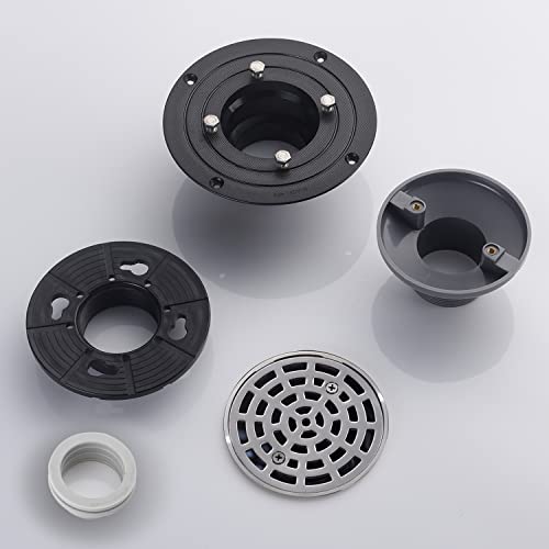 DEOKXZ 4 1/4" Shower Drain Round Brushed Nickel, Removable Grille Strainer Screws in Drain Cover, Base with Adjustable Drain Flange Kit PVC, SUS304 Stainless Steel