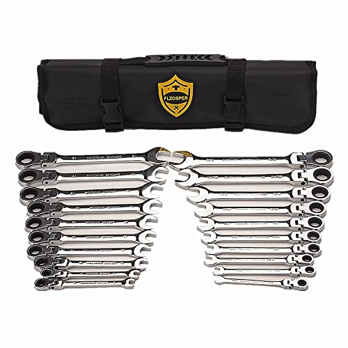 FLZOSPER 20pc. Flex-Head Ratcheting Wrench Set，Metric & SAE Chrome Vanadium Steel Combination Wrench Spanner with Portable Carrying Bag