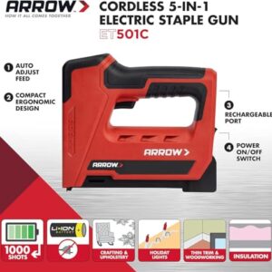 Arrow ET501C Cordless 5-In-1 Professional Staple and Nail Gun, Battery Powered Wire Stapler and Brad Nailer for Upholstery, Framing, Roofing, Crafts, Fencing, Cable, Black/Red