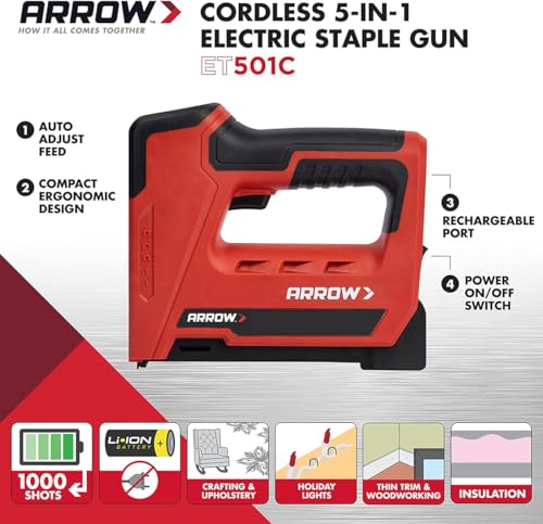 Arrow ET501C Cordless 5-In-1 Professional Staple and Nail Gun, Battery Powered Wire Stapler and Brad Nailer for Upholstery, Framing, Roofing, Crafts, Fencing, Cable, Black/Red