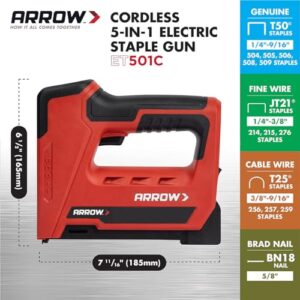 Arrow ET501C Cordless 5-In-1 Professional Staple and Nail Gun, Battery Powered Wire Stapler and Brad Nailer for Upholstery, Framing, Roofing, Crafts, Fencing, Cable, Black/Red