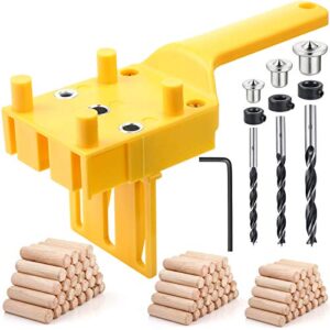 101 pcs handheld woodworking dowel jig kit wood dowel drilling guide set for 1/4, 5/16, 3/8 inch drill guide metal sleeve with wood dowel pins drill bit dowel joints drilling guide tools(yellow)