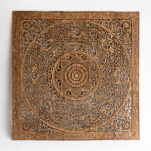 queen mandala head board wood, carve wall art hanging, reclaim teak medallion panels, weathered brown stain finishing, 60 inches