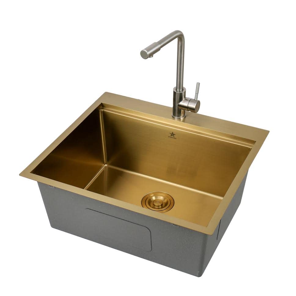 STARSTAR Workstation Ledge Top Mount/Drop-in Gold 304 Matte Stainless Steel Single Bowl For Kitchen,Yard, Office, Bar, Laundry Sink (21 x 20 x 10)