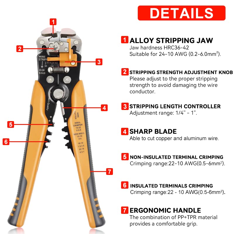 HKS Wire Stripper 24-10 AWG (0.2-6 mm²), 3 in 1 Automatic 8 Inch Self-adjusting Wire Stripping Tool with Cutting & Crimping Function