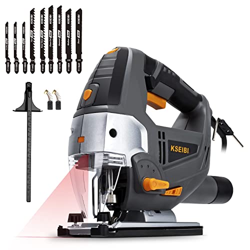 KSEIBI 714011 Jig Saw Corded Electric Machine Tool 6.5A, with Laser & LED, 6 Variable Speed, 9 Tool-Free Blades, ±45° Bevel and Straight Cutting, 4 Orbital Settings and, 8 Feet Cord - KST 110V