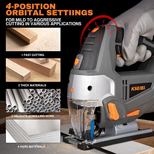 KSEIBI 714011 Jig Saw Corded Electric Machine Tool 6.5A, with Laser & LED, 6 Variable Speed, 9 Tool-Free Blades, ±45° Bevel and Straight Cutting, 4 Orbital Settings and, 8 Feet Cord - KST 110V