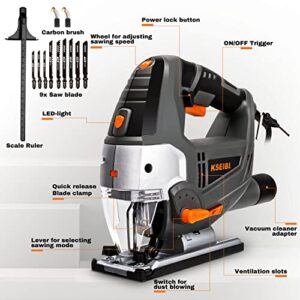 KSEIBI 714011 Jig Saw Corded Electric Machine Tool 6.5A, with Laser & LED, 6 Variable Speed, 9 Tool-Free Blades, ±45° Bevel and Straight Cutting, 4 Orbital Settings and, 8 Feet Cord - KST 110V