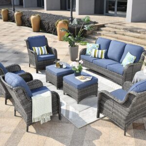 XIZZI Outdoor Furniture Patio Furniture Set 7 Pieces All Weather Wicker Patio Conversation with High Back Sofa Sectional and 2 Ottomans for Garden,Backyard and Deck,Grey Wicker Denim Blue