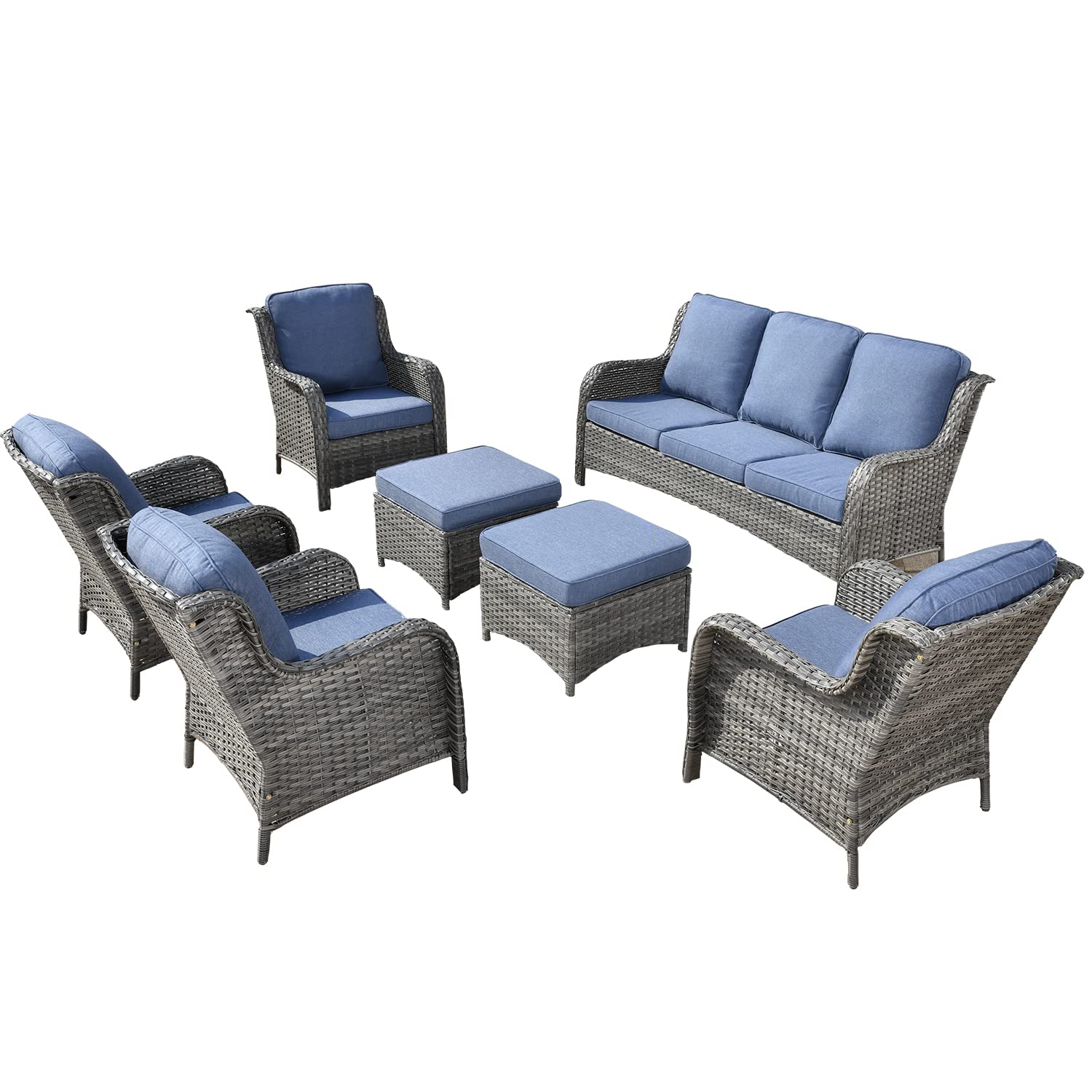 XIZZI Outdoor Furniture Patio Furniture Set 7 Pieces All Weather Wicker Patio Conversation with High Back Sofa Sectional and 2 Ottomans for Garden,Backyard and Deck,Grey Wicker Denim Blue