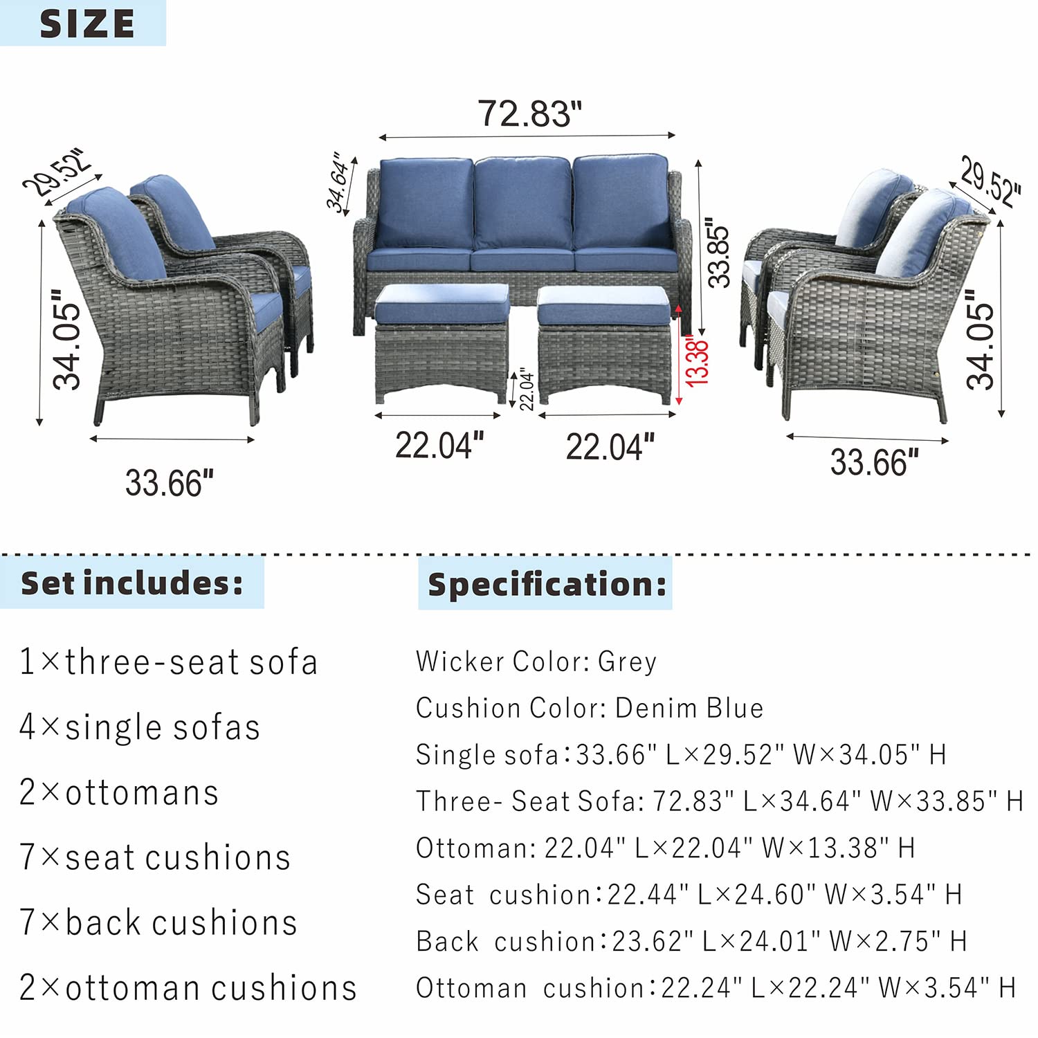 XIZZI Outdoor Furniture Patio Furniture Set 7 Pieces All Weather Wicker Patio Conversation with High Back Sofa Sectional and 2 Ottomans for Garden,Backyard and Deck,Grey Wicker Denim Blue