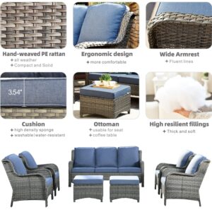 XIZZI Outdoor Furniture Patio Furniture Set 7 Pieces All Weather Wicker Patio Conversation with High Back Sofa Sectional and 2 Ottomans for Garden,Backyard and Deck,Grey Wicker Denim Blue