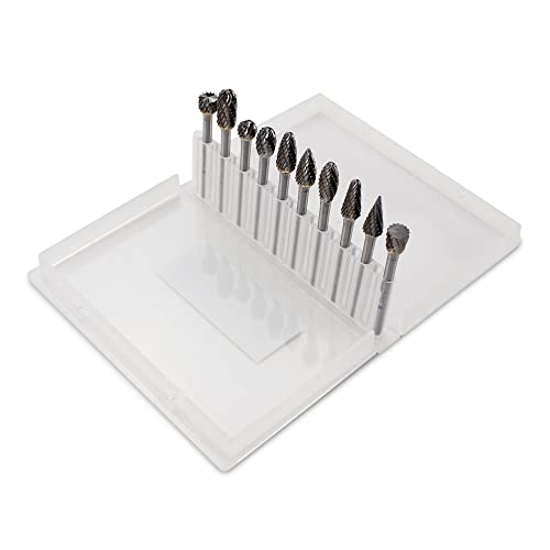 BHA Tungsten Carbide Burr Die Grinder Rotary Tool Bit Set for Metal Engraving and Precision Work, Double Cut with 1/8” Shank - 10 Pieces