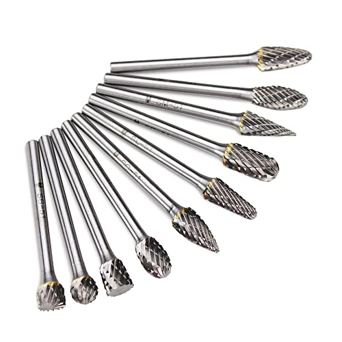 BHA Tungsten Carbide Burr Die Grinder Rotary Tool Bit Set for Metal Engraving and Precision Work, Double Cut with 1/8” Shank - 10 Pieces