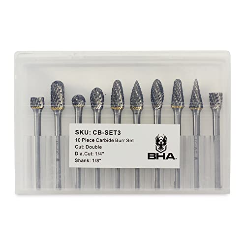 BHA Tungsten Carbide Burr Die Grinder Rotary Tool Bit Set for Metal Engraving and Precision Work, Double Cut with 1/8” Shank - 10 Pieces