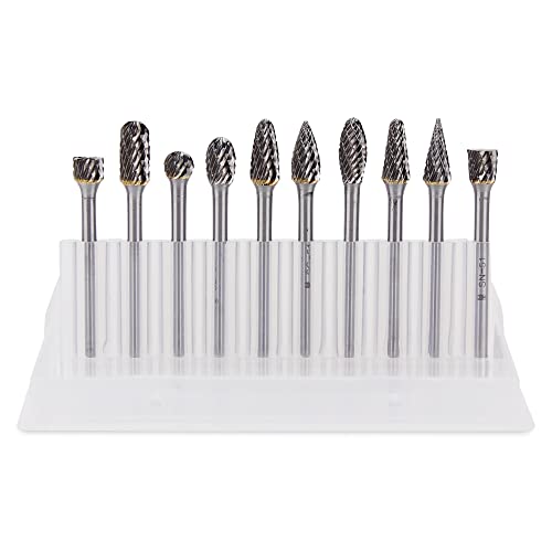 BHA Tungsten Carbide Burr Die Grinder Rotary Tool Bit Set for Metal Engraving and Precision Work, Double Cut with 1/8” Shank - 10 Pieces