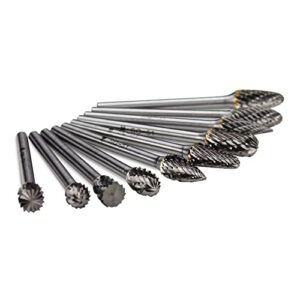 BHA Tungsten Carbide Burr Die Grinder Rotary Tool Bit Set for Metal Engraving and Precision Work, Double Cut with 1/8” Shank - 10 Pieces