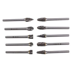 BHA Tungsten Carbide Burr Die Grinder Rotary Tool Bit Set for Metal Engraving and Precision Work, Double Cut with 1/8” Shank - 10 Pieces