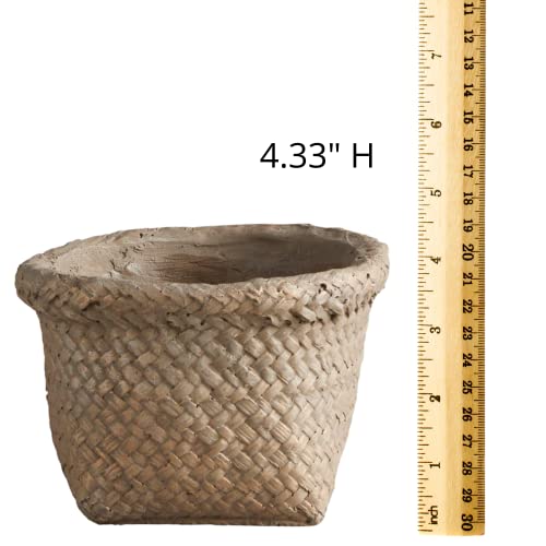 Small Brown Basket Weave Cement Planter Pot, Planters for Succulents, Cacti, Flowers, and More, Houseplant Pots for Indoor and Outdoors, Unique Gifts for Gardeners and Plant Lovers, 4.33 Inches