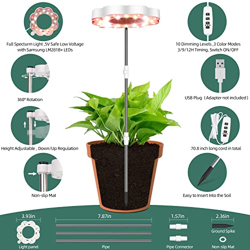 Grow Light Full Spectrum Plant Light for Indoor Plants, Height Adjustable Growing Lamp with Auto On/Off Timer 3/9/12H, 10 Dimmable Levels, 3 Light Modes Small Plant Grow Light