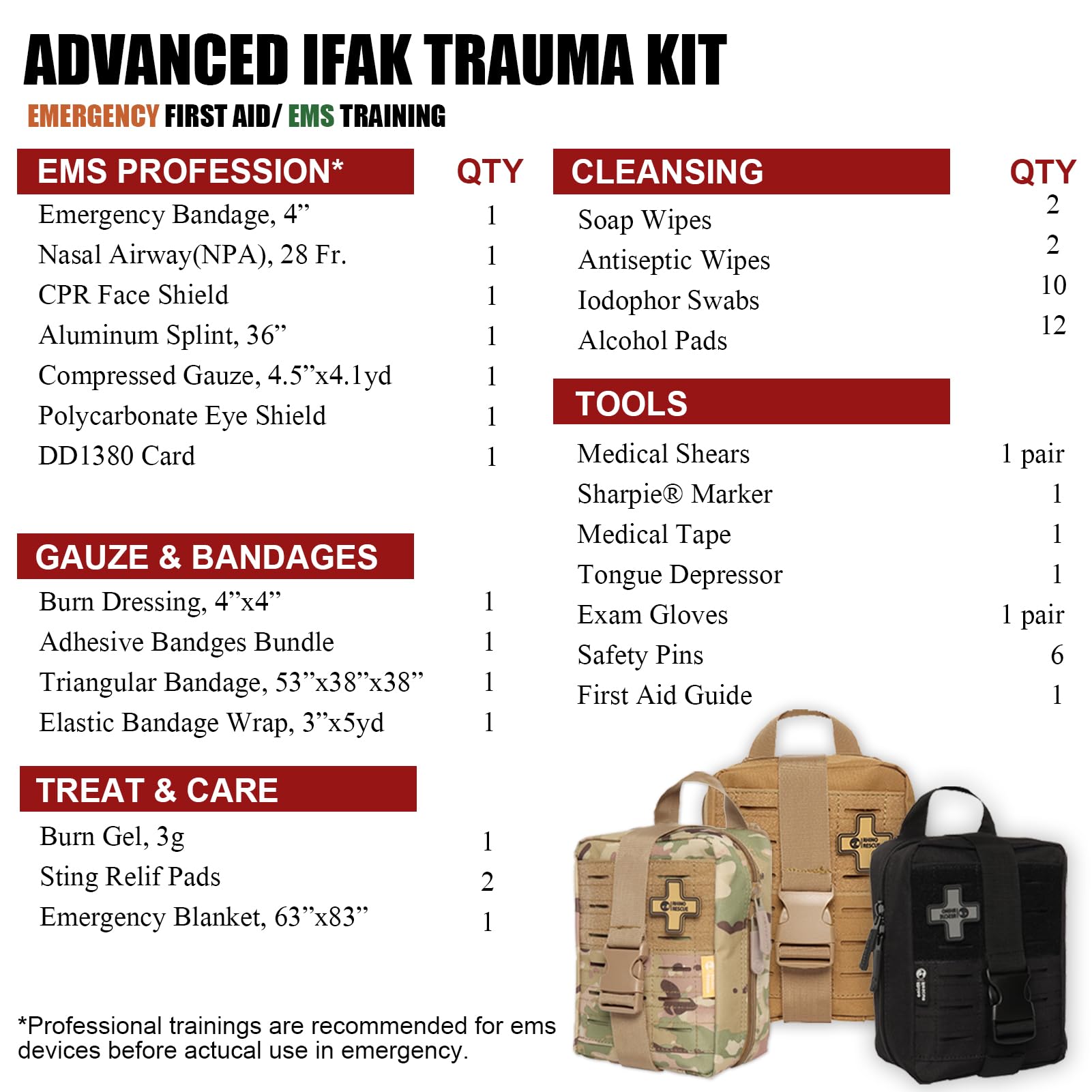 RHINO RESCUE IFAK Trauma First Aid Kit Molle Medical Pouch for Car Home Travel Hiking (Multicam)